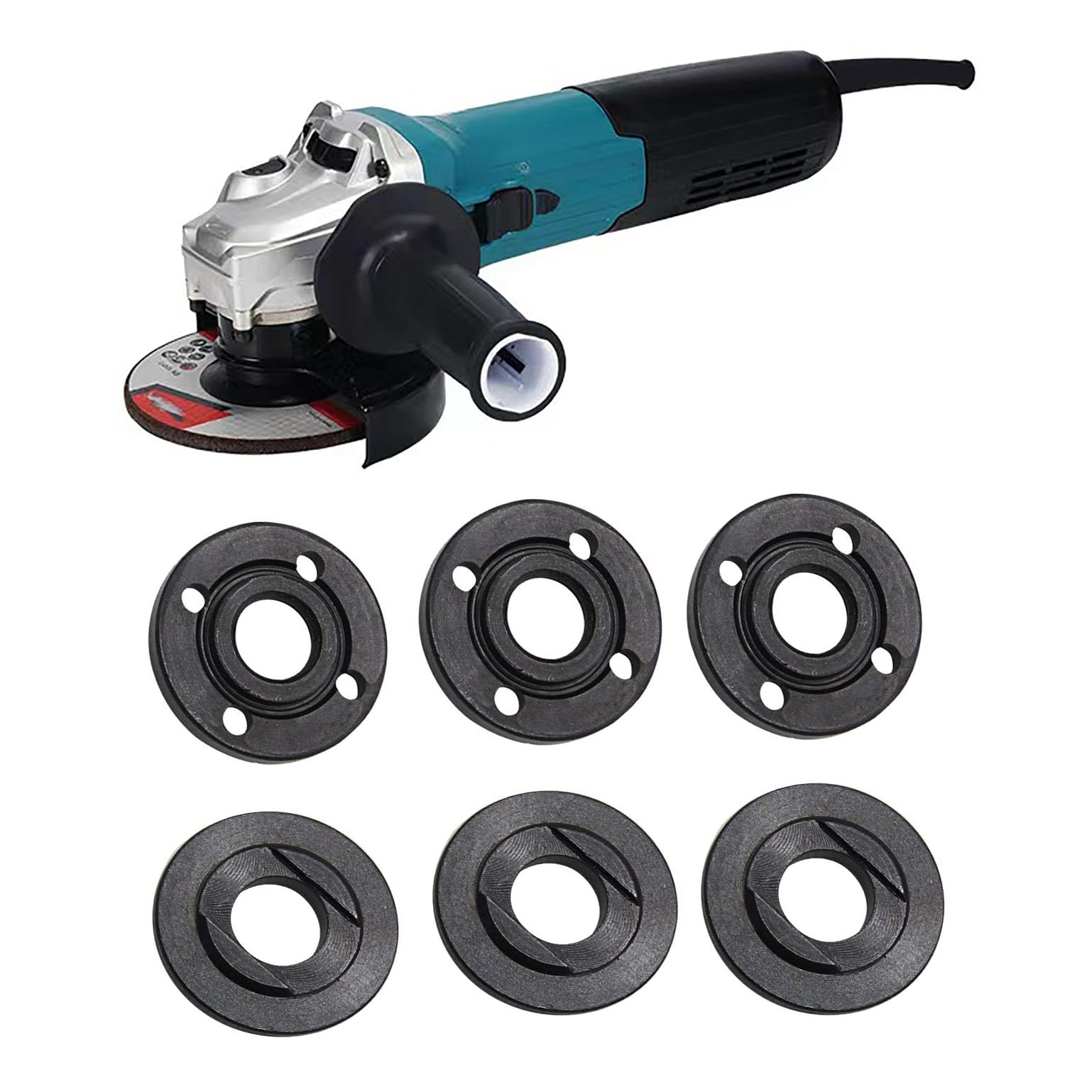 Totowood 7PCS Grinder Flange Angle Wrench Spanner Metal Lock Nut,1PCS Angle Grinder Wrench, 6PCS Flange Nuts,Compatible with Dewalt Bosch Black Decker Ryobi Makita(5/8"-11 threaded shaft)