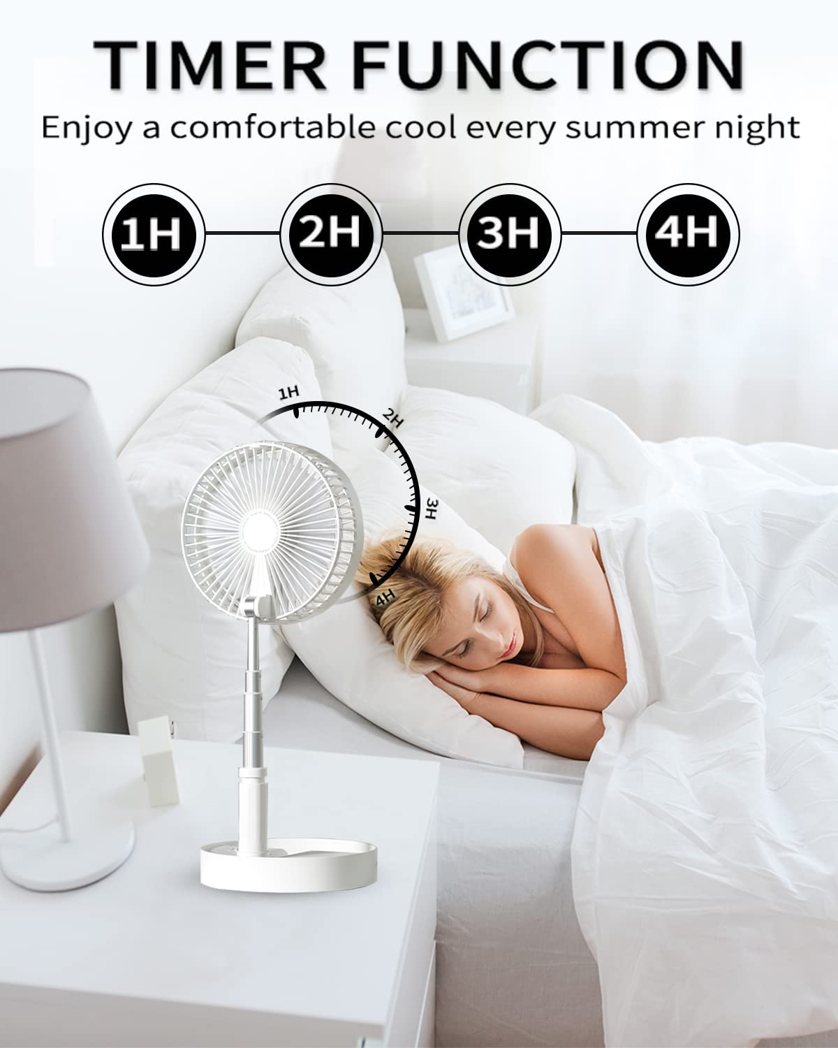 UN UNITEDTIME Desk and table fan, Foldable Fans Portable Travel Fan Battery Operated or USB Powered,Adjustable Height,My Foldaway fan with remote Control Timer 4 Speed Settings (White)