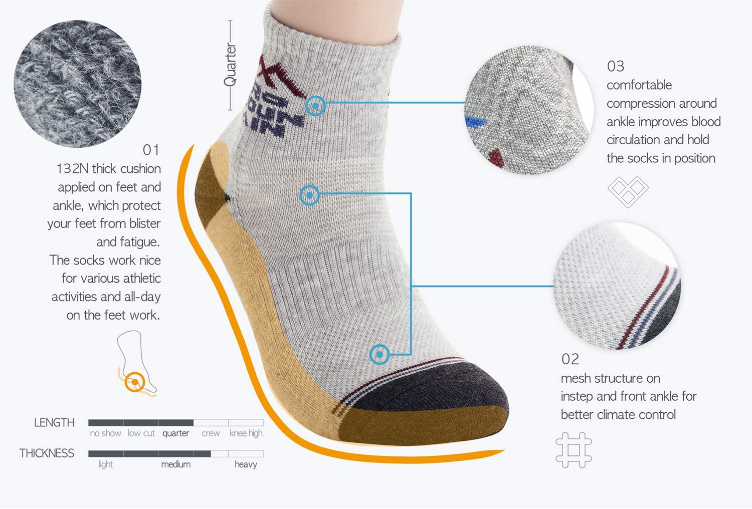 Pro Mountain Quarter Ankle Compression Athletic Cotton Mesh Hiking Socks W Logo Size M US Men Shoes 7-9 Women 8-10 Black 6 Pairs Pack