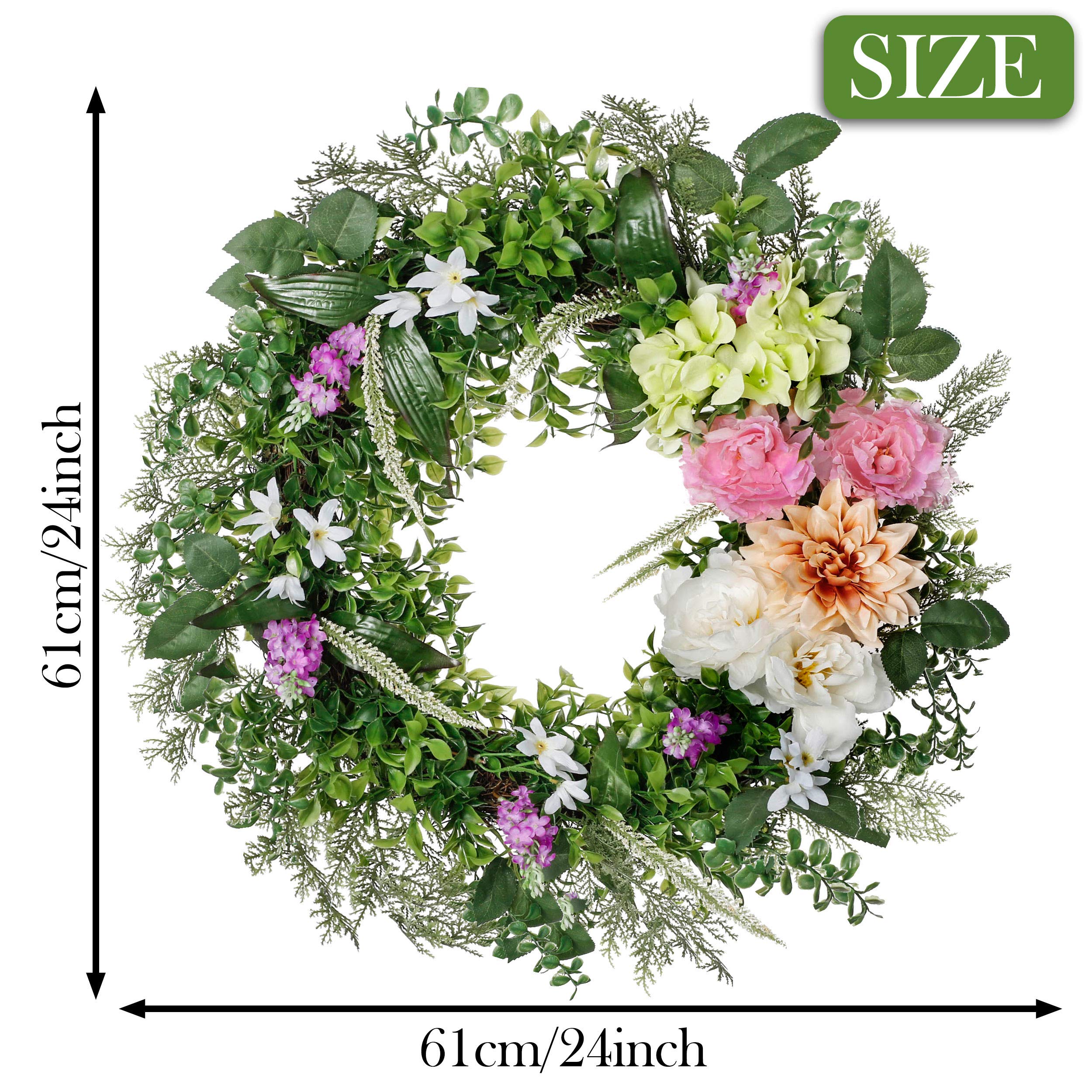 Valery Madelyn 24 inch Decorative Hydrangea Peony Flower Summer Wreath with Green Leaves, Spring Floral Wreath for Porch, Front Door, Window, Wall, Wedding, Home Decor
