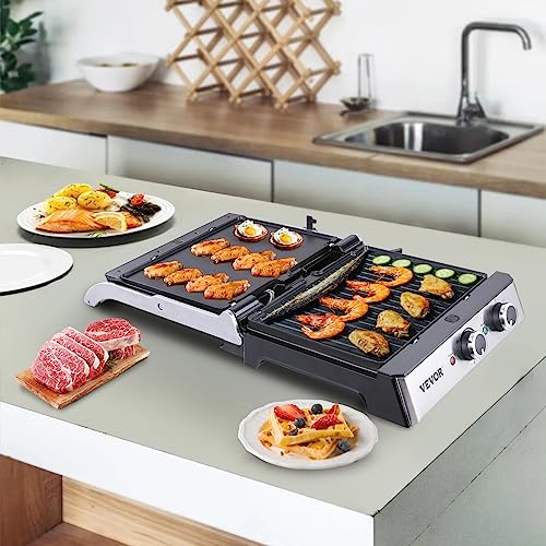 VEVOR Electric Contact Grills, 1500W Indoor Countertop Panini Press Griddle, Sandwich Maker with Non Stick,2 Reversible Iron Cooking Plates,0-446β Adjustable Temperature Control,Timer Function,120V