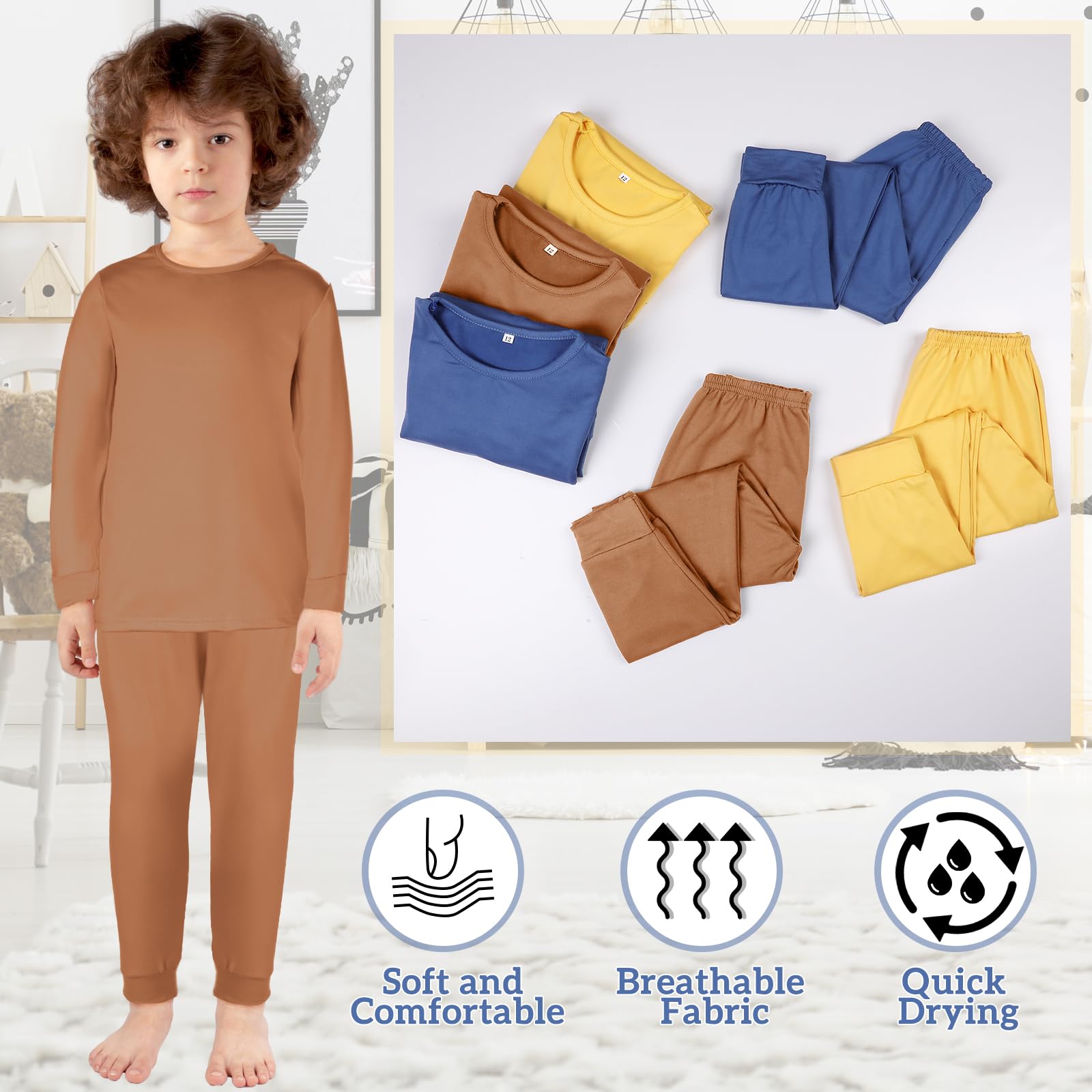 Silkfly 3 Set Kid Thermal Underwear Set Soft Fleece Lined Boys and Girls Long Winter Johns Base Layer Thermal Top and Bottom (Brown, Dark Blue, Yellow,3t)
