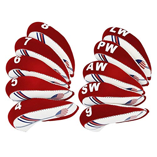 SUNBRO Golf 10Pcs USA Flag Neoprene Golf Club Head Cover Wedge Iron Protective Headcover (Red USA)