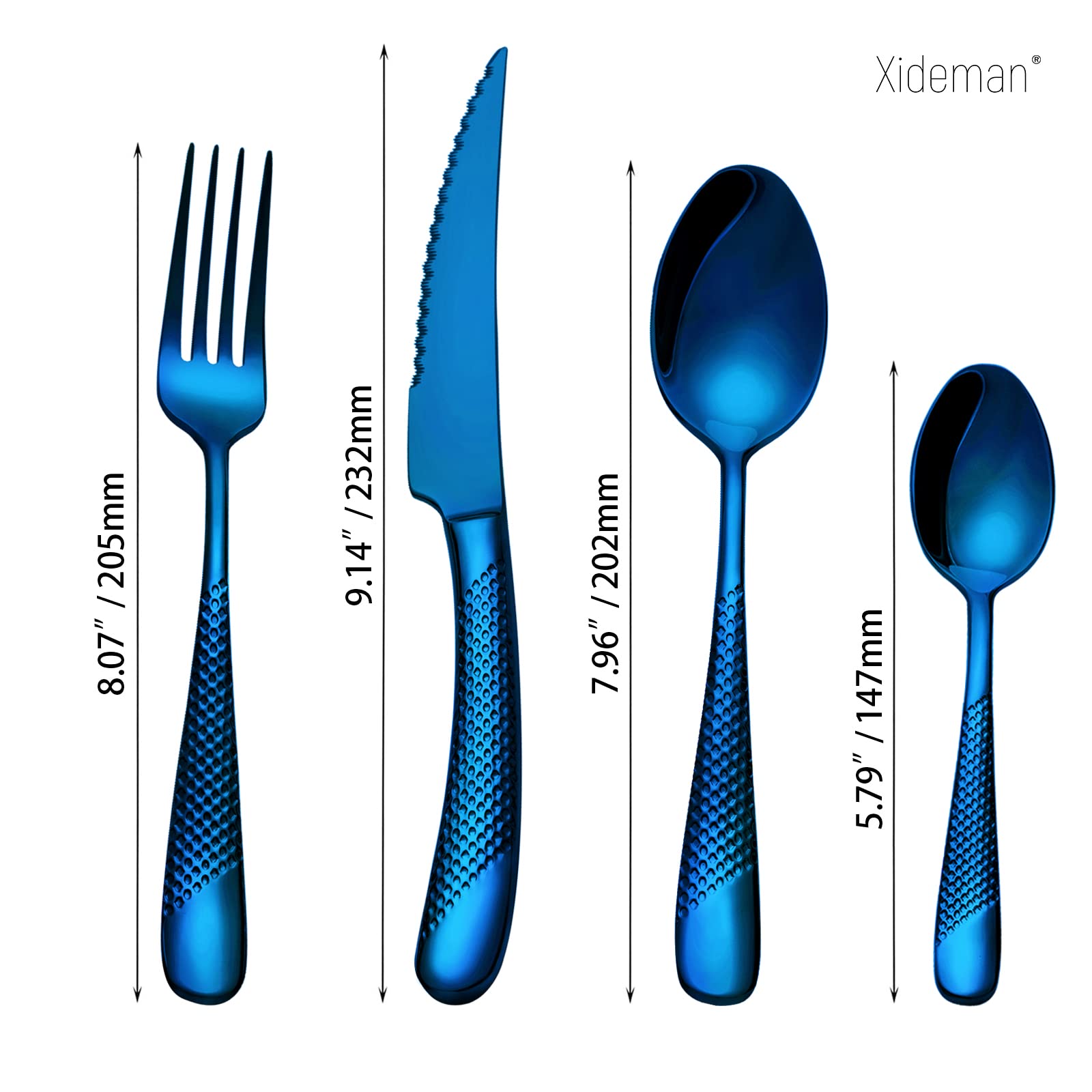 Xideman 16-Piece Modern Blue Hammered Silverware Set with Ultra Sharp 2-IN-1 Serrated knife, 18/10 Stainless Steel Flatware Set, Utensil Cutlery Set for 4 Person, Forks Spoons Knives Set
