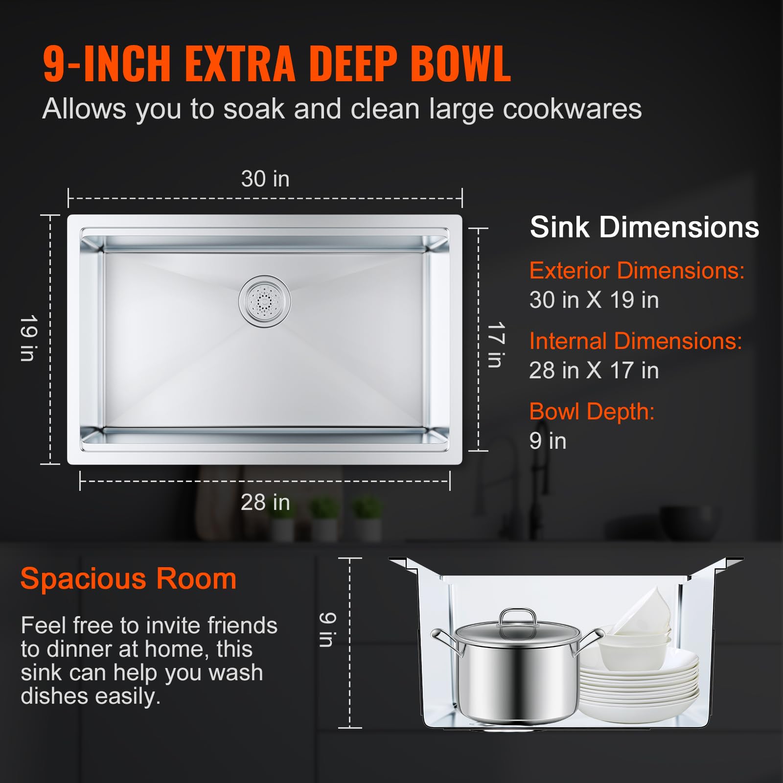 VEVOR Kitchen Sink, 304 Stainless Steel Drop-In Sinks, Undermount Single Bowl Basin with Ledge and Accessories, Household Dishwasher Sinks for Workstation, RV, Prep Kitchen, and Bar Sink, 30 inch