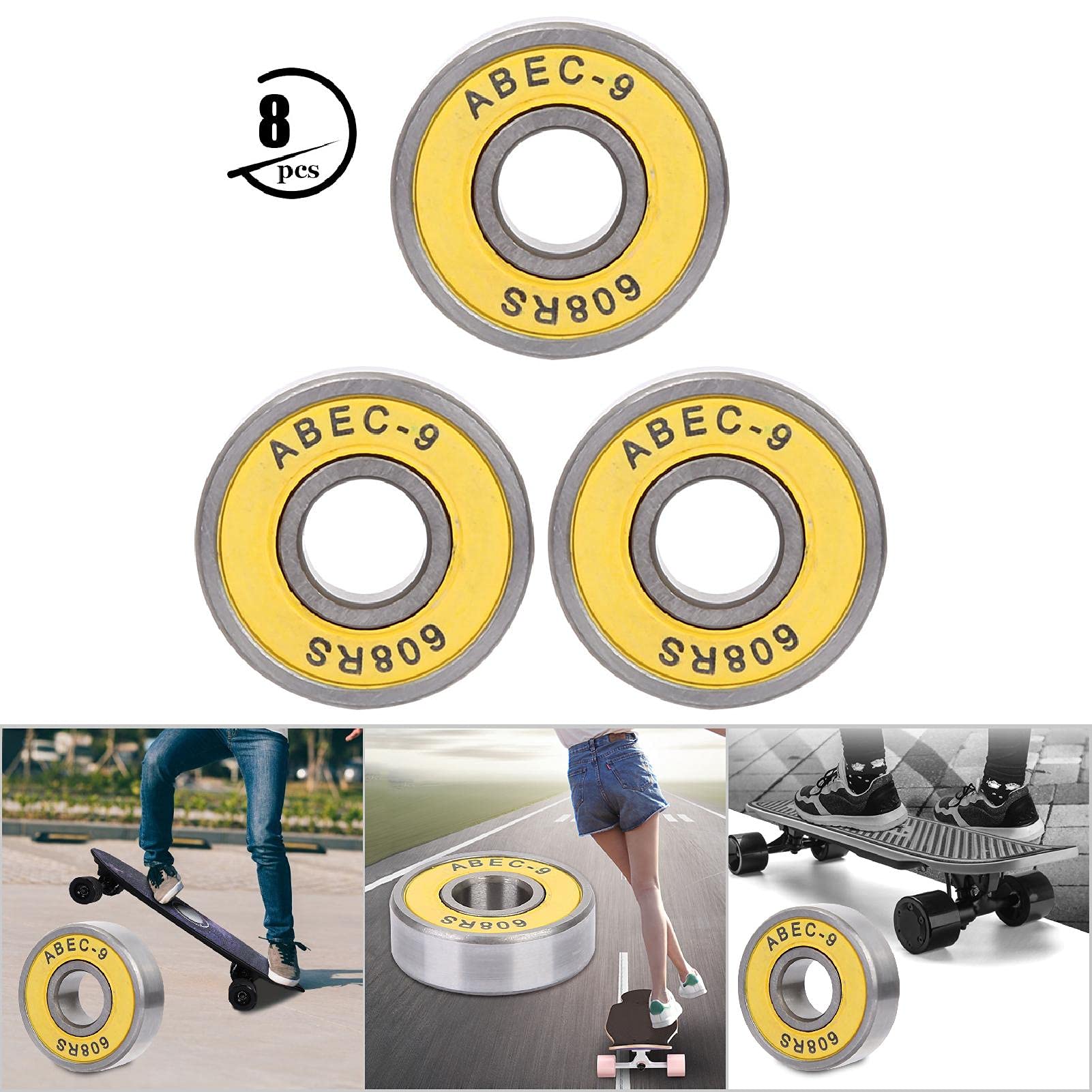 Skate Roller Bearing 8 Pcs Longboard Roller Skate Bearings 608 Ball Bearings for Skateboards Roller Blade Inline Skating Scooter (Yellow)
