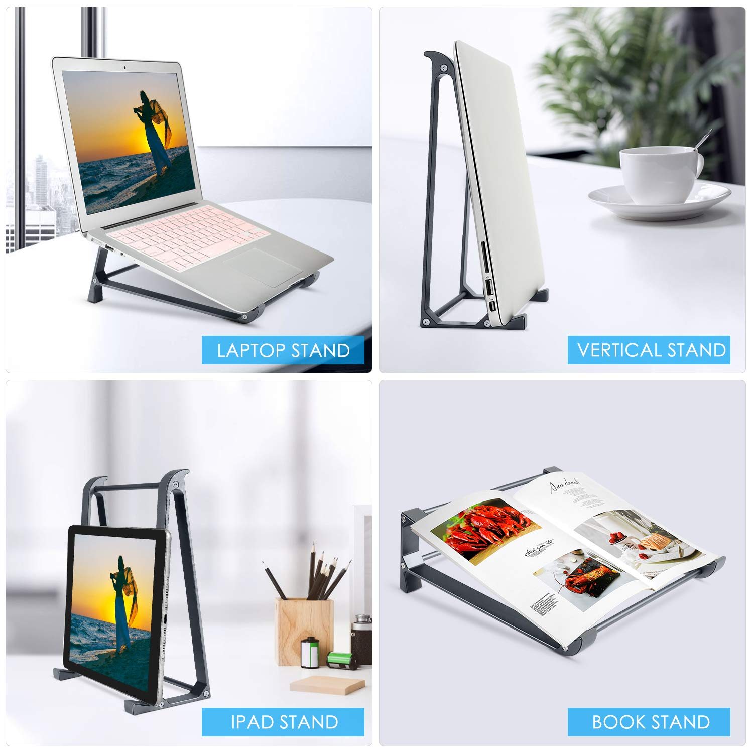 VICOODA Aluminum Laptop Stand, Portable Laptop Desk Holder, Ergonomic Laptops Elevator for Desk 2 in 1 Laptop Vertical Stand, Cooling Better Metal Holder Compatible with 10-17'' Notebook& Tablets