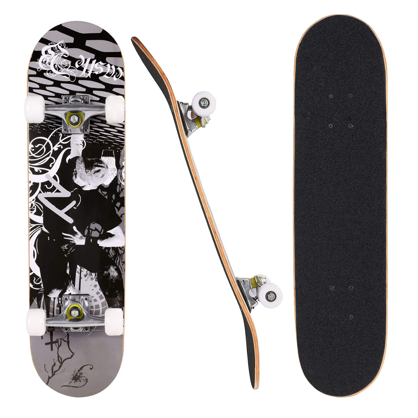 Skateboard, 31" x 8" Complete PRO Skateboard, 9 Layer Canadian Maple Wood Double Kick Tricks Skate Board Concave Design for Beginner,Gift for Kids Boys Girls Youths (3 - Black Pose)