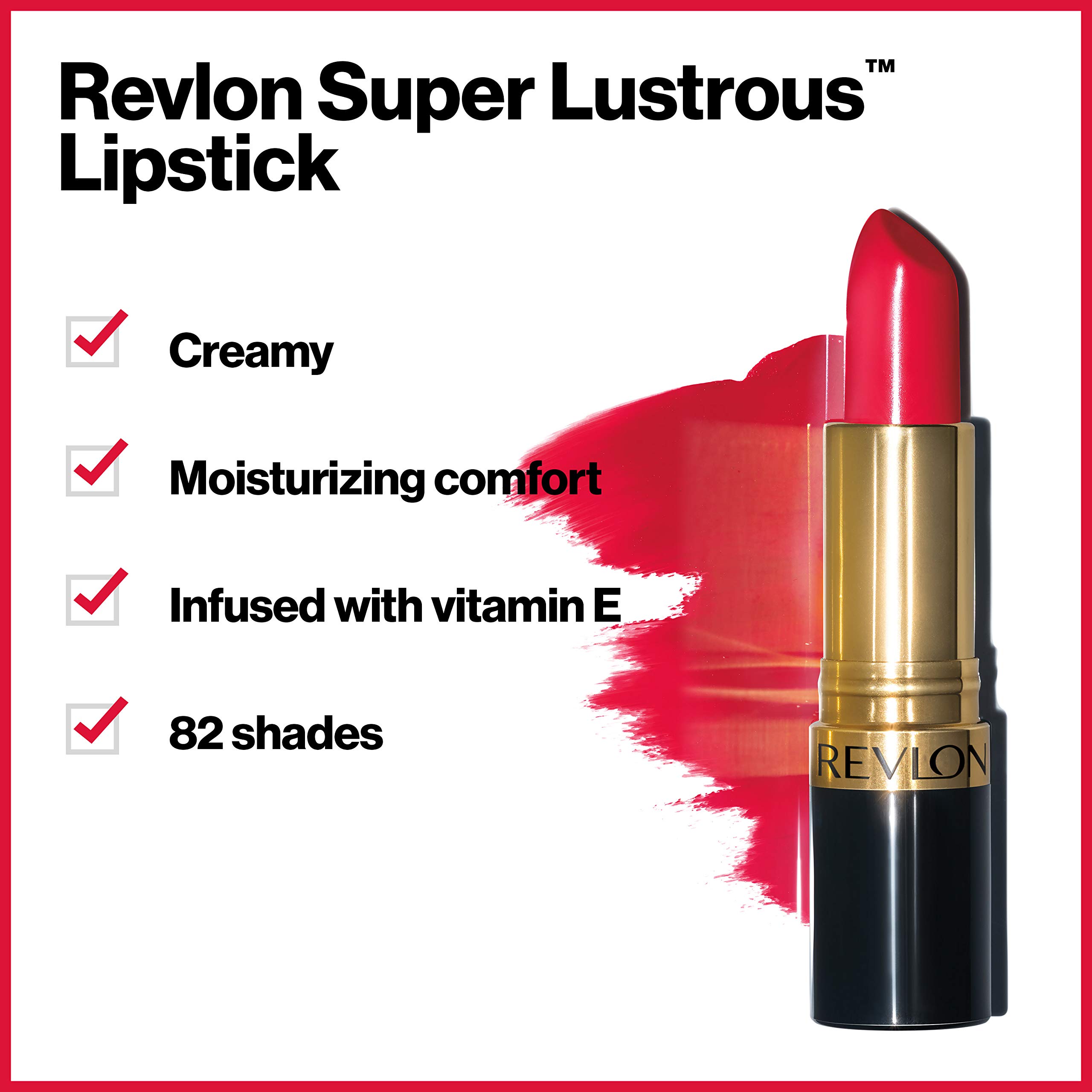 Revlon Lipstick, Super Lustrous Lipstick, Creamy Formula For Soft, Fuller-Looking Lips, Moisturized Feel in Reds & Corals, Revlon Red (730) 0.15 oz