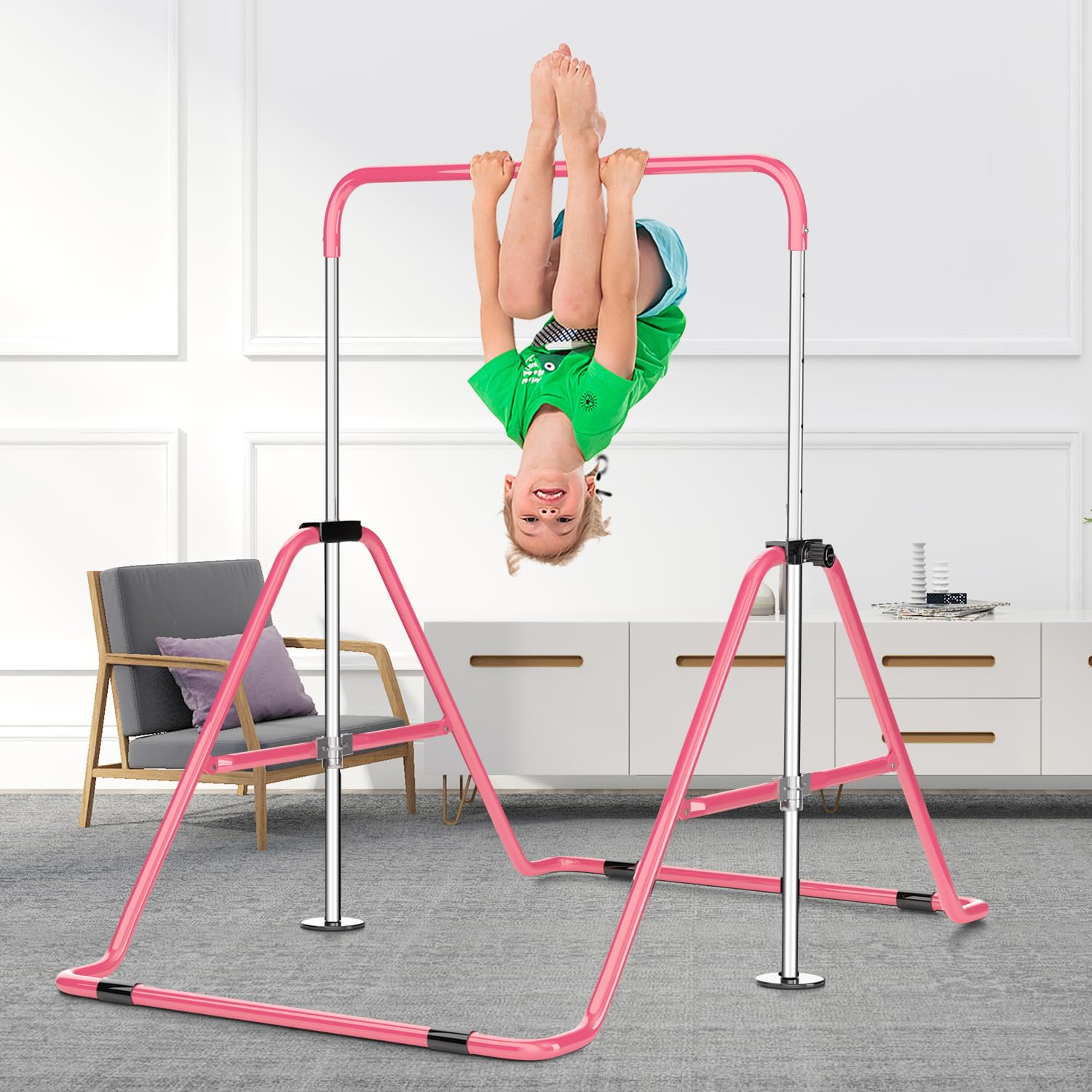 ZENOVA Gymnastics Bar Junior Gymnastics Equipment Horizontal Bar Height Adjustable, Foldable Gym Bar Monkey Bar for Kids