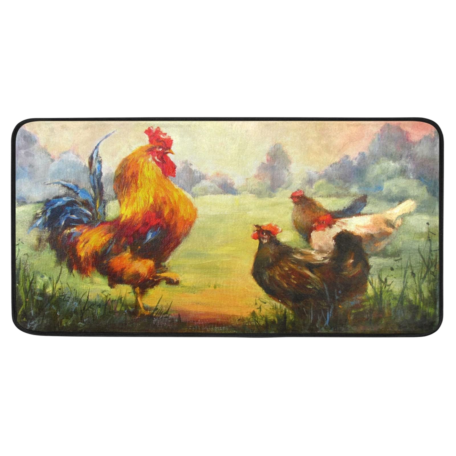 YiGee Vintage Rooster and Chickens Kitchen Rug Mat Runner, Washable Waterproof Anti Fatigue Non Slip Memory Foam Rubber Backing Comfort Standing Rug for Kitchen Floor Home Office Laundry 39x20 Inches