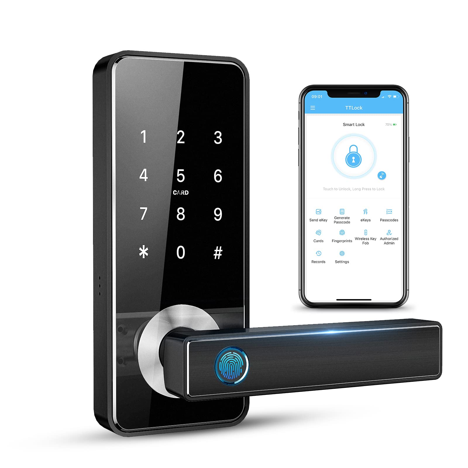 Tiffane Smart Lever Door Lock with Keypad Fingerprint Door Lock Keyless Entry Door Lock Bedroom Door Lock Security for Smart Home Office(Black)