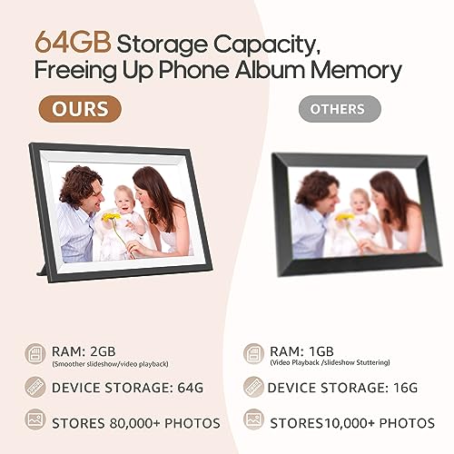 WDYQJE Digital Picture Frame WiFi 10.1 Inch, IPS Touch Screen Smart Cloud Electronic Picture Frame with 64GB Large Storage for Smoother Media Playback, Easy Setup to Share Photos/Videos via Frameo APP