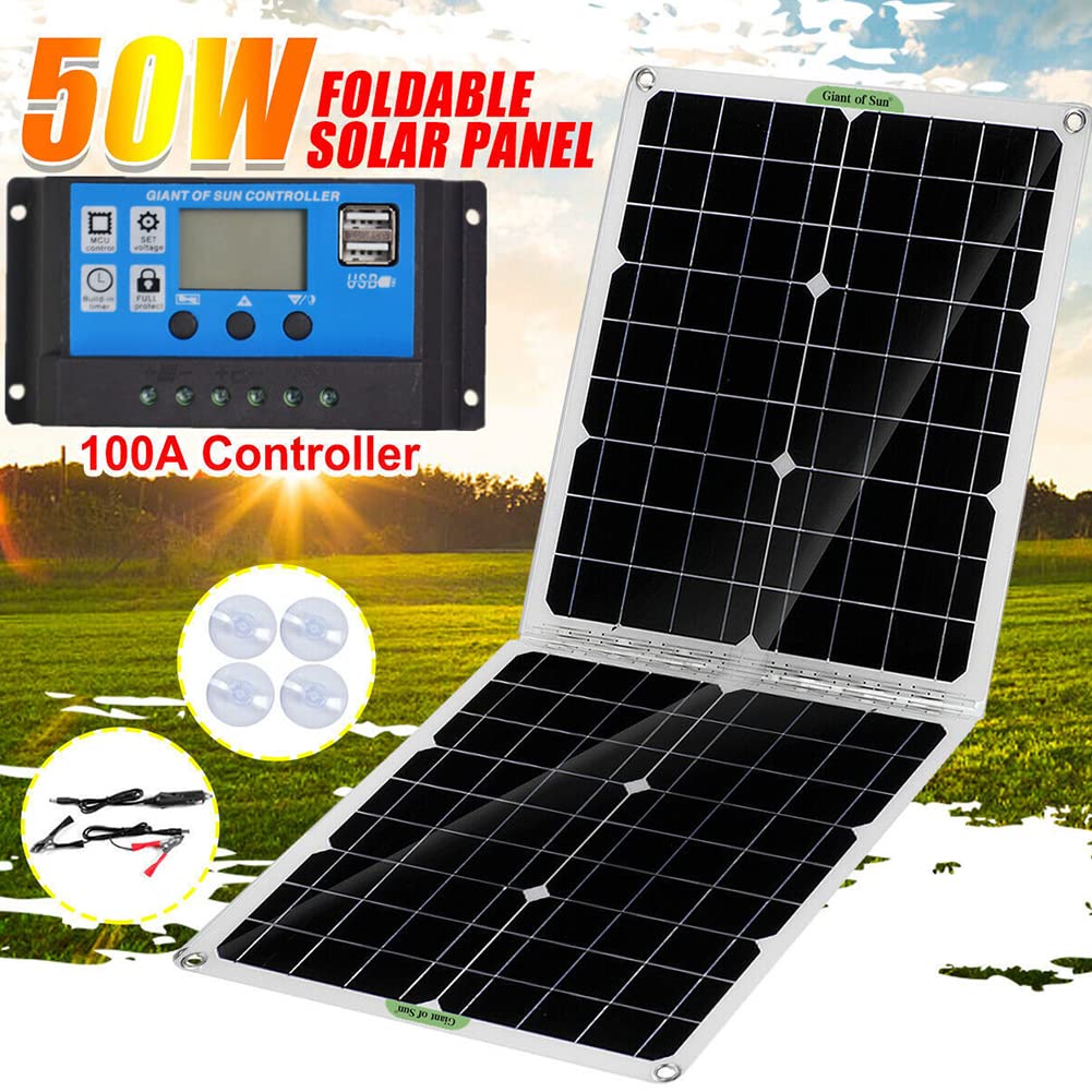 Solar Panel Portable Solar Panel Charger 50W Foldable Monocrystalline Waterproof Solar Generator Kits, for Home, Camping, Rv, Boat, Trailer, Emergency Power, Car