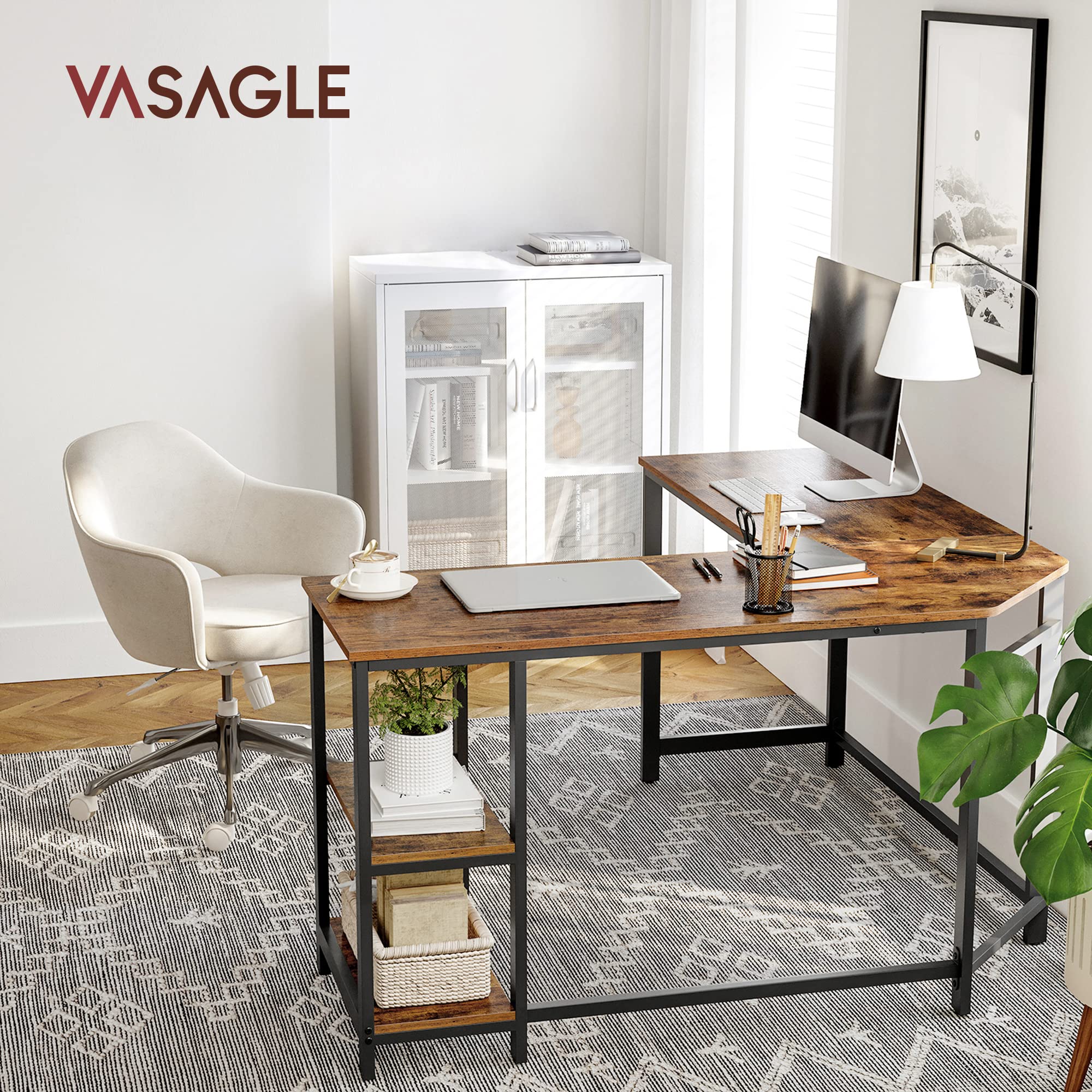 VASAGLE Computer Desk and Bookshelf Bundle, L-Shaped Computer Desk and 4-Tier Bookcase with Steel Frame, for Home Office, Industrial, Rustic Brown and Black ULWD72X and ULLS60BX