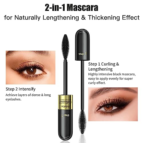 Vibely Mascara, 2 In 1 Thrive Mascara for Natural Lengthening & Thickening Effect, Mascara Waterproof No Clumping Magic 4D Silk Fiber Lash Mascara, Mascara Black Volume and Length Telescopic Mascara (01)