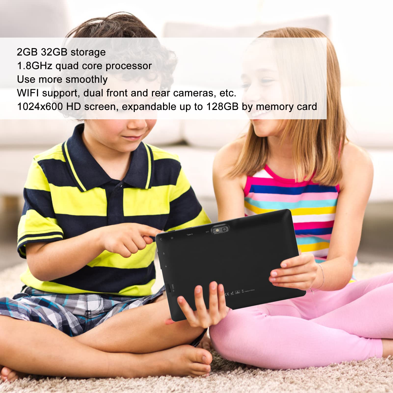 Vikye 7in Kids Tablet 2GB 32GB Quad Core Processor Dual Camera 3D Design Tablet Protective Cover Android 10 (US Plug)