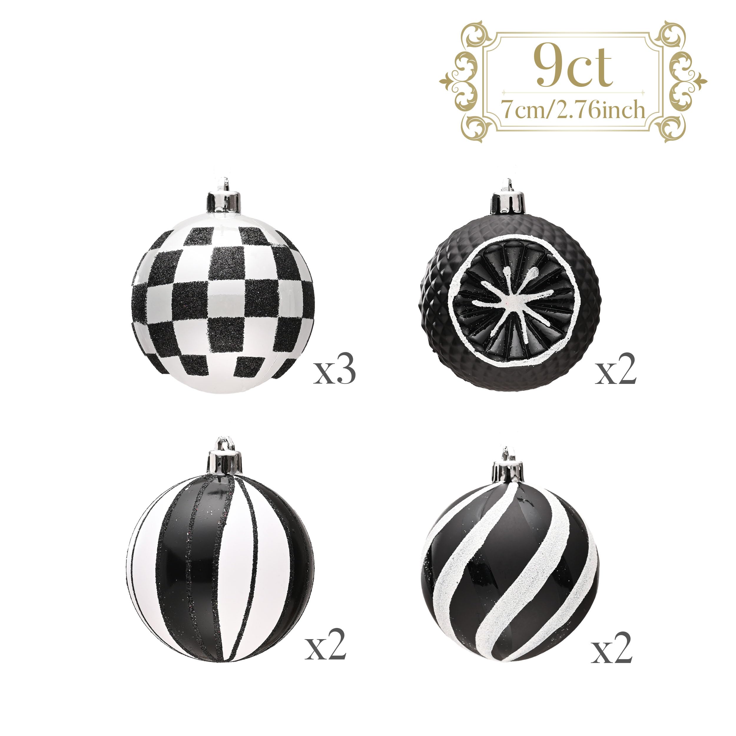 Valery Madelyn Christmas Ball Ornaments, 9ct Black and White Shatterproof Christmas Tree Decorations Set, 2.76 Inches Modern Hanging Ornaments for Xmas Trees Bulk Holiday Decor