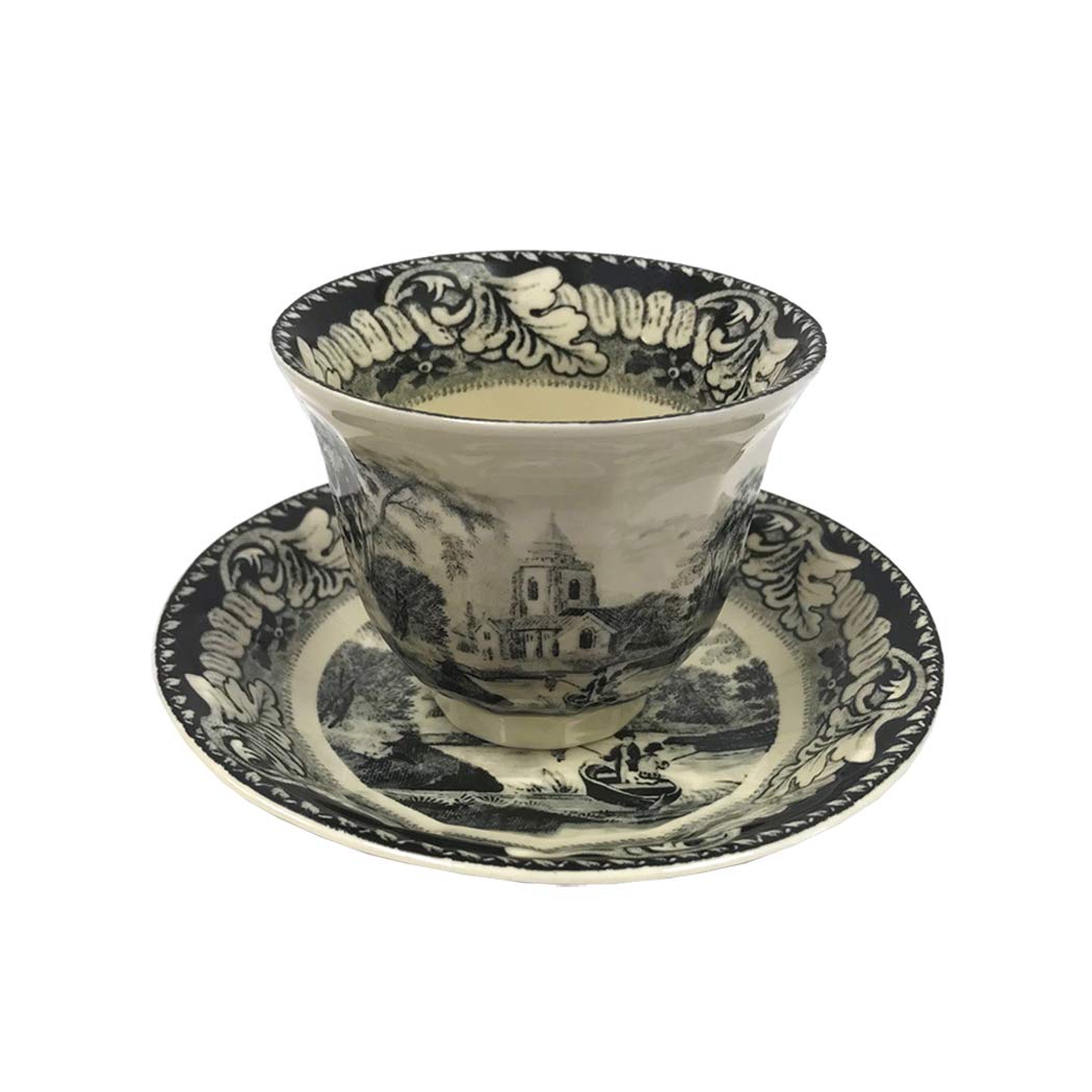 Schooner Bay Co. 3-1/2" Pond Fishing Transferware Porcelain Handleless Tea Cup and Saucer- Antique Reproduction