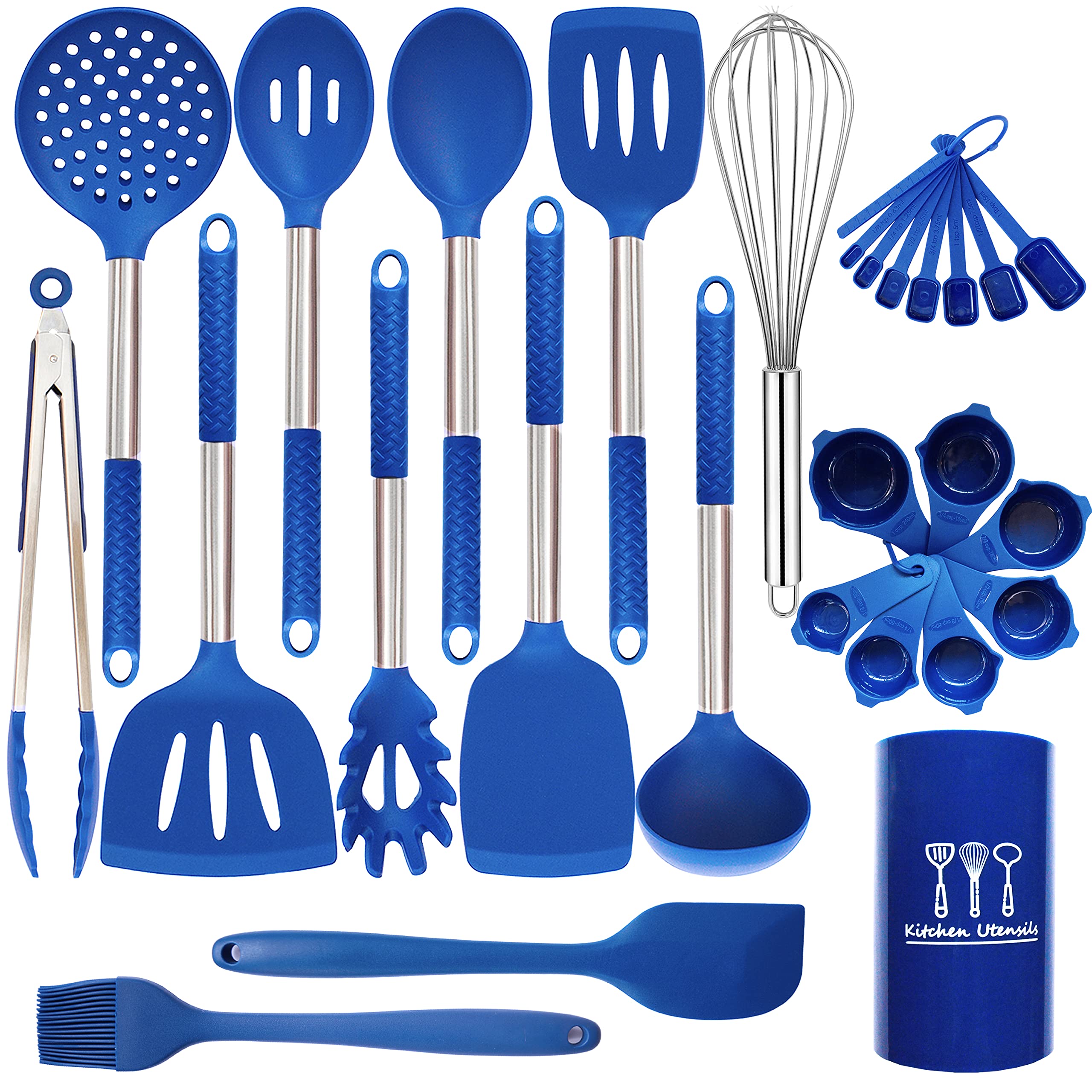 Silicone Kitchen Utensils Set - 28 Pieces Cooking Utensils Set Non-Stick Heat Resistance Silicon with Stainless Steel Handle - Blue