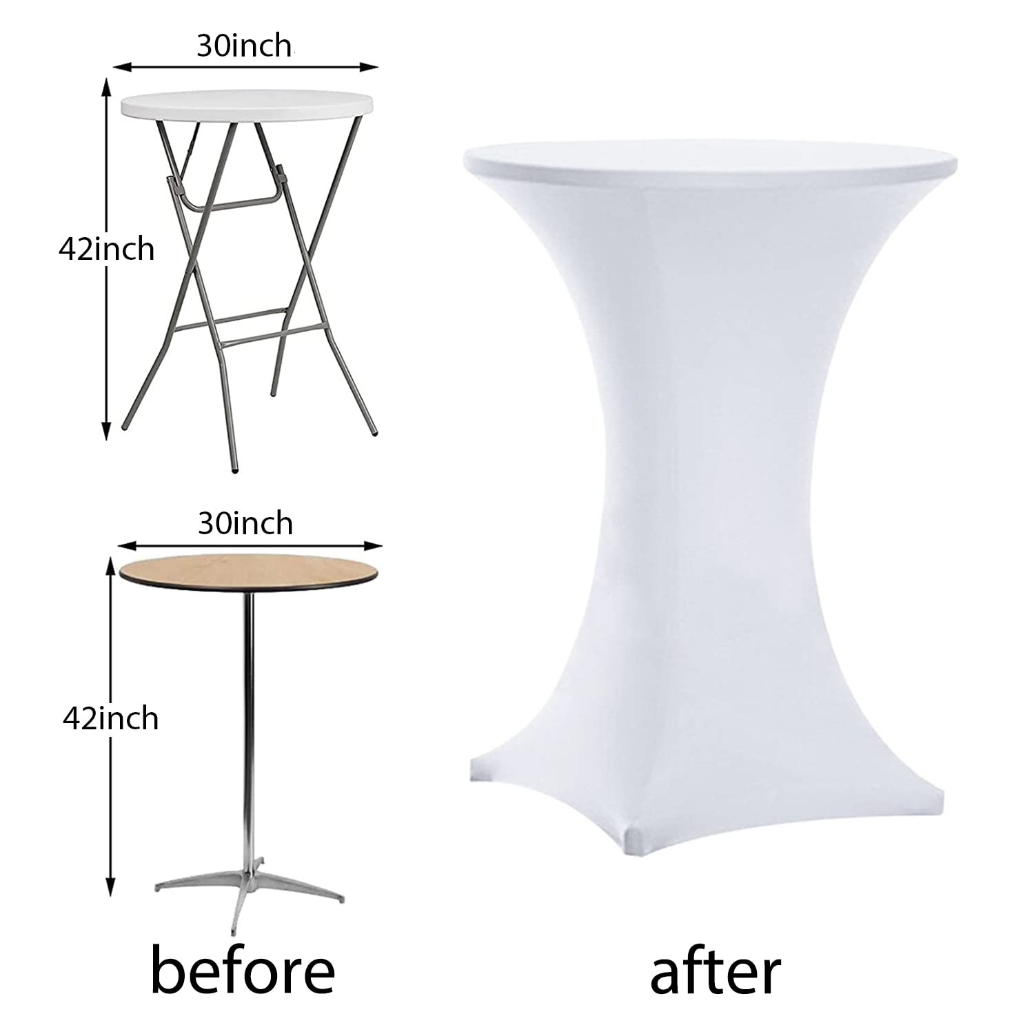 Tina's 2 Pack Spandex Cocktail Table Covers White 30x42 Inch, Fitted Stretch Cocktail Tablecloth for Round Tables (2PC 30X42 White)