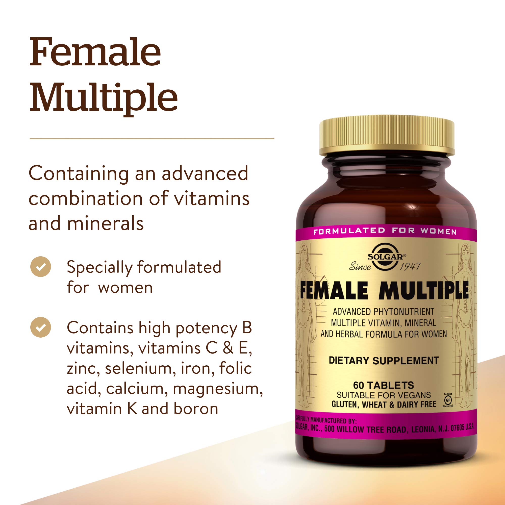Solgar Female Multiple, 60 Tablets - Multivitamin, Mineral & Herbal Formula for Women - Advanced Phytonutrient - Vegan, Gluten Free, Dairy Free, Kosher - 20 Servings