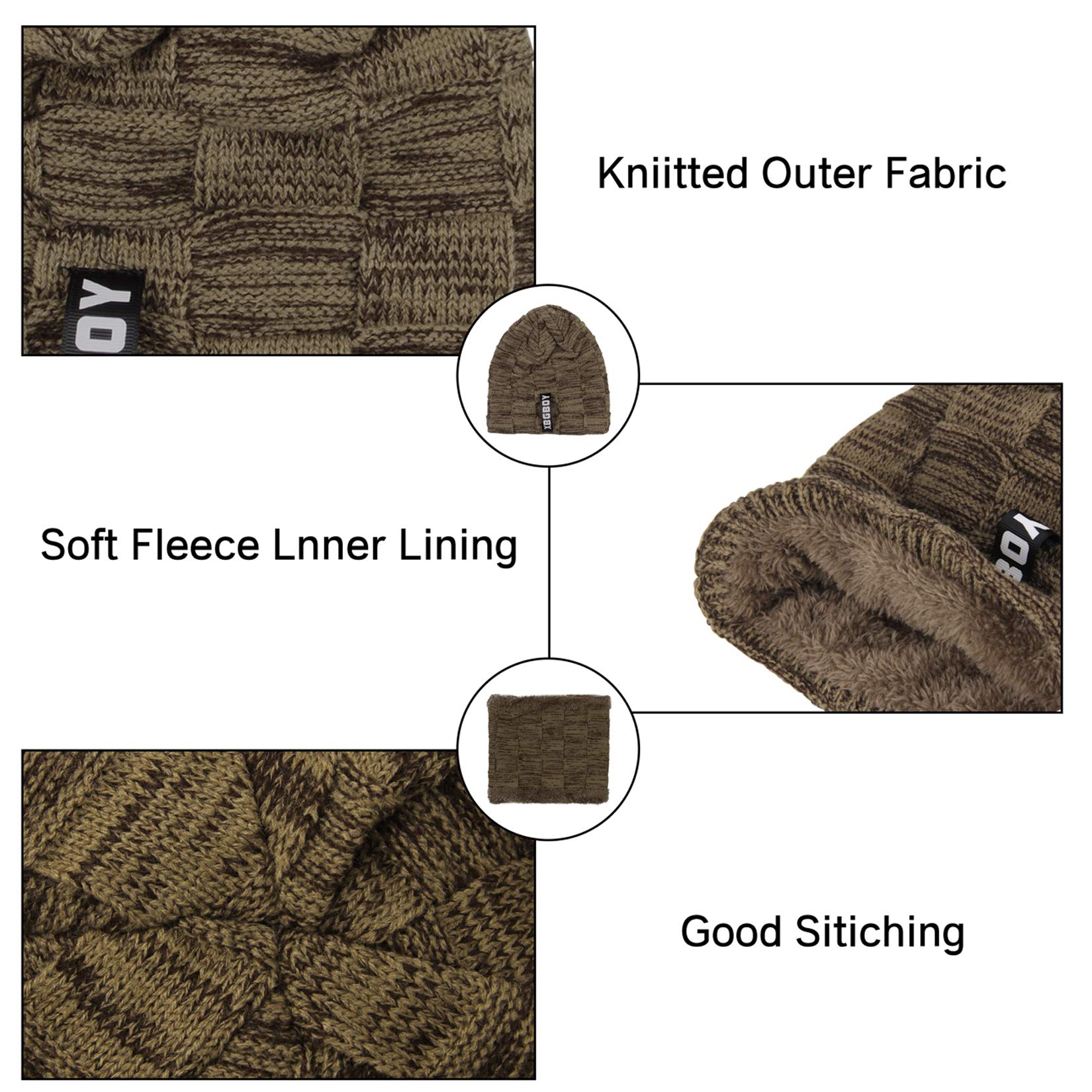 Winter Beanie Hat Scarf Set for Men Warm Knit Hat Thick Neck Warmer with Fleece Lined Winter Cap (Khaki)