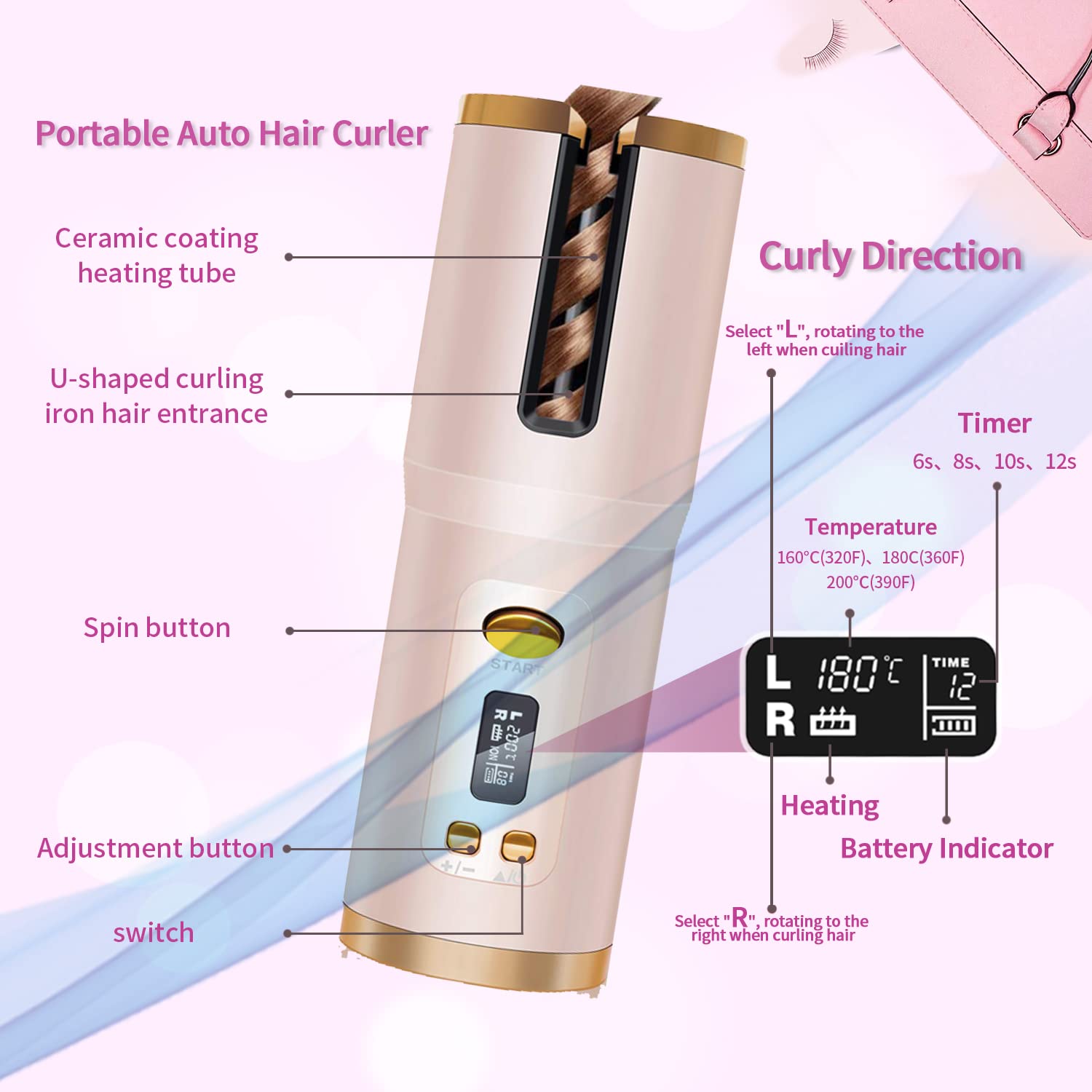 SENLLY Cordless Automatic Hair Curler, Auto Curling Iron with Adjustable 6 Temperature and 11 Timer Settings, Wireless Portable Rotating Wand for Hair Styling (30s Fast Instant Heat, 5000mAh)
