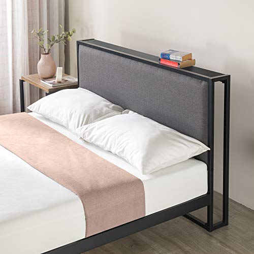 ZINUS Christina Upholstered Platform Bed Frame with Black Headboard Shelf / No Box Spring Needed / Wood Slat Support / Easy Assembly, Queen
