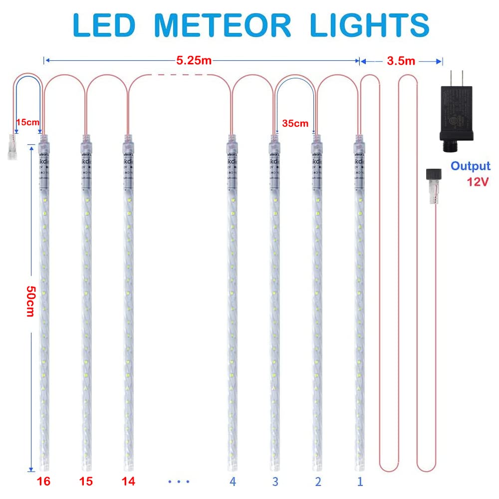 Vikdio Meteor Shower Rain Lights, 50cm 16 Spiral Tubes 864 LEDs 5.25m Lit Length Waterproof Snowfall LED Lights for Wedding Christmas Garden Tree Home Decor, Support 2 Sets Connected (Blue)
