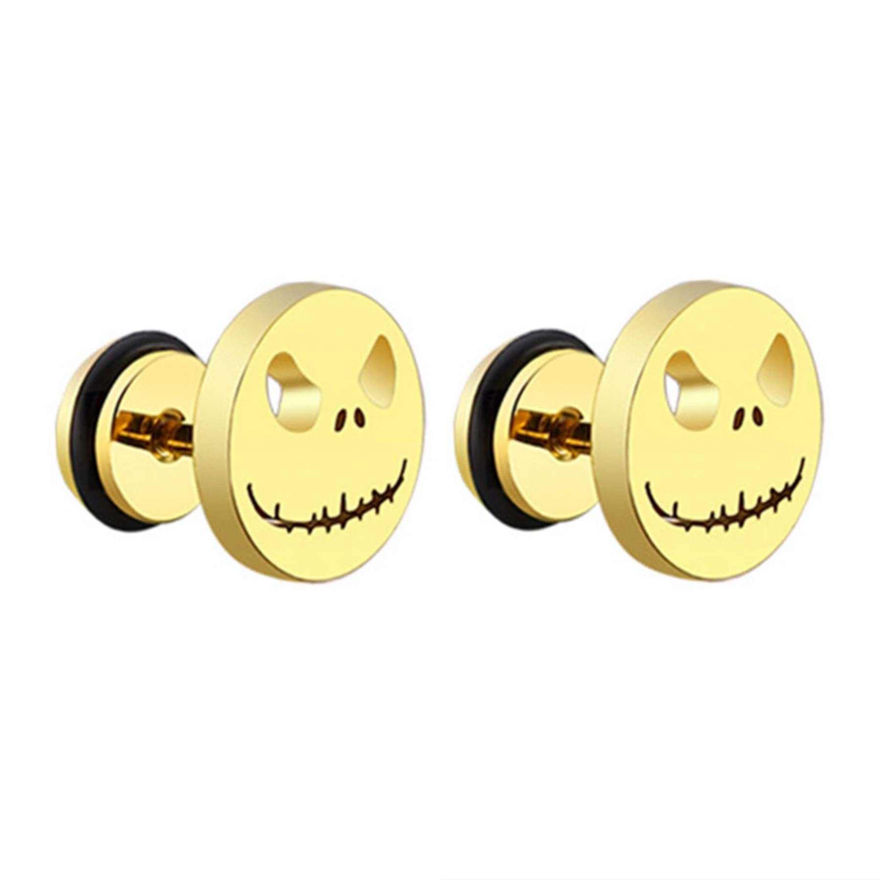 Stainless Steel Black/Silver Jack Skellington Cut-Out Round Circle Button Stud Post Earrings（10mm） ER72 (Gold)