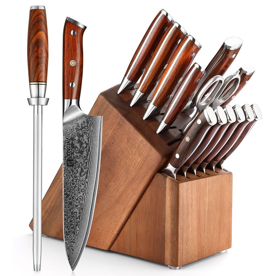 XINZUO Damascus Steel 15Pcs Kitchen Knife Block Set with Honing Steel and Kitchen Shears, Sharp Forged Cooking Knife Set -Chef Santoku Slicing Boning Utility Paring Knife and 6Pcs Steak Knife Set