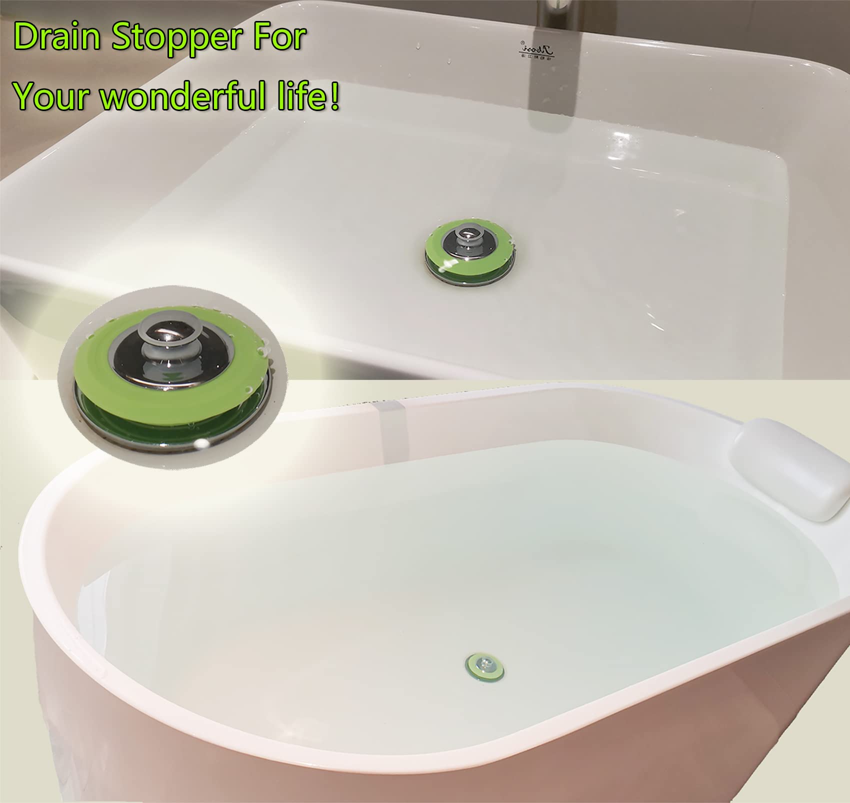 XAJOON Tub Stopper,Drain Stopper,Bathtub Plug,Bathroom Sink Stopper, Silicone Bathtub Stopper,Green Stopper (Patented Product)