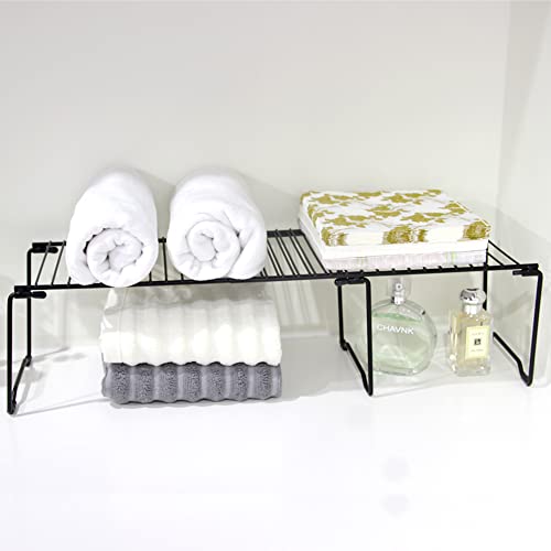 VANLAMNI Expandable Kitchen Counter and Cabinet Storage Shelf, Steel Rack Organizer for Kitchen, Cabinet, Bathroom,Black,2 Pack