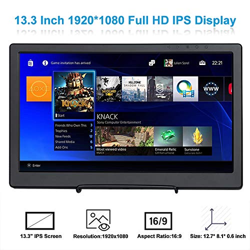 SunFounder RPi Display-Portable 2 HDMI Gaming Monitor-13.3 Inch, 1920x1080-For PS4, RPi, WiiU, Xbox 360, Windows 7/8/10