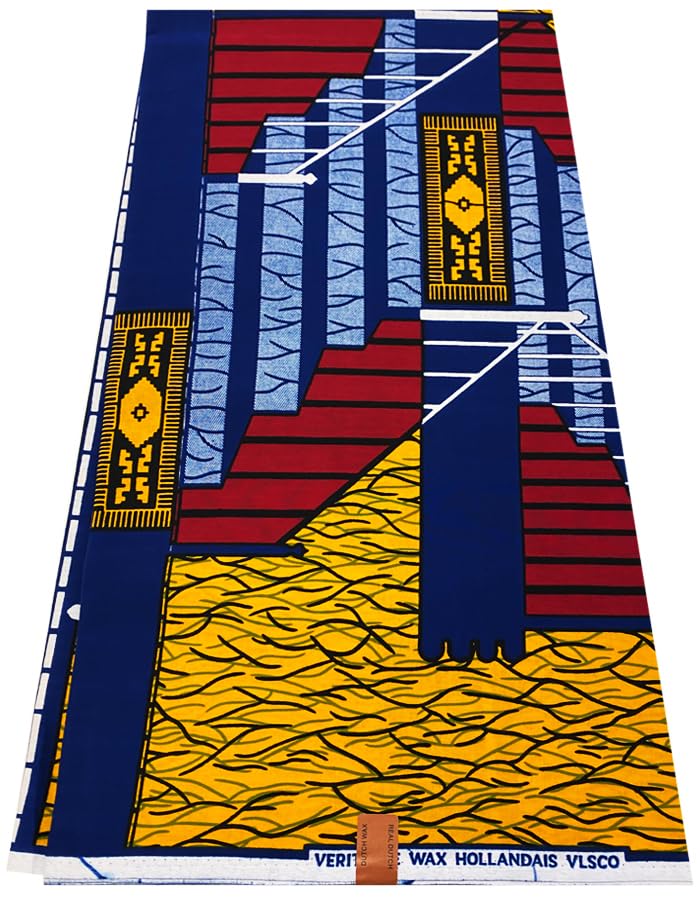 Staircase Design - Blue, Yellow, White, Black-African Wedding Dresses -African Wax Print Fabrics- Sell for 6 Yards- 100% Cotton