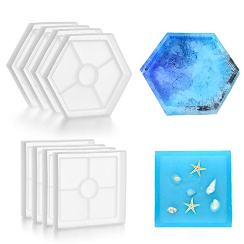 Timoo Resin Molds 8 Pack Coaster Silicone Molds, Coaster Molds for Resin Casting, Contain 4 Pcs Square and 4 Pcs Hexagon Epoxy Resin Molds for Making Coasters, DIY Resin Artwork, and Home Decor