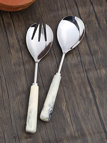 YoTreasure Tiramisu Resin & Stainless Steel Ivory Salad Server Spoon and Fork Set Cooking Utensils for Kitchen