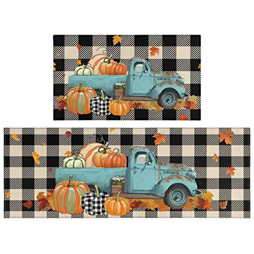 Xsinufn Fall Kitchen Rugs and Mats Set of 2, Fall Kitchen Decor Farmhouse Floor Rug Non-Slip Absorbent Washable, Autumn Thanksgiving Buffalo Plaid Watercolor Truck Rug - 17x30 and 17x47 Inch