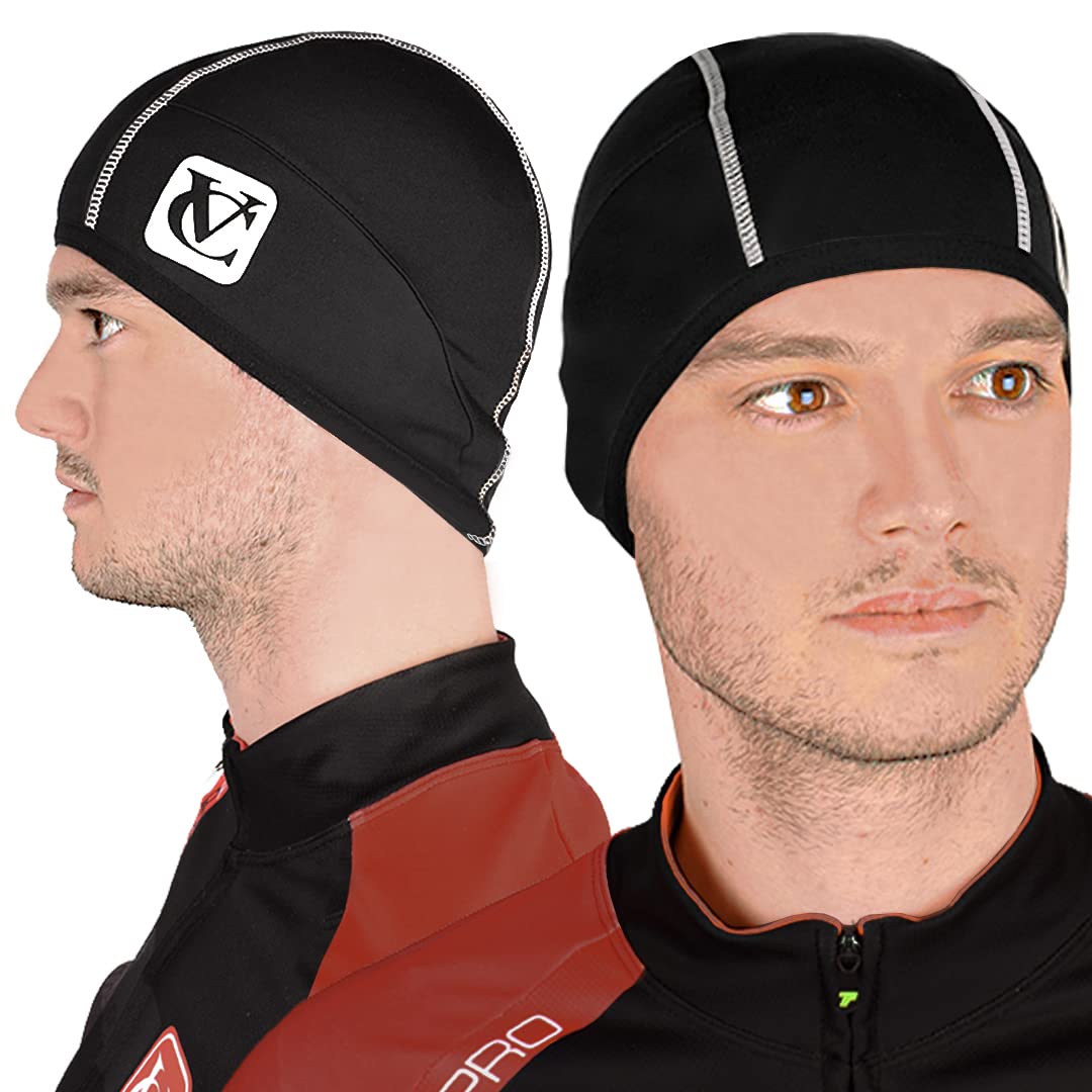 VeloChampion Windproof Fleece Lined Thermo-Tech Under Helmet Skull Cap Sports Beanie– Ideal Cycling Liner, Running Hat Black