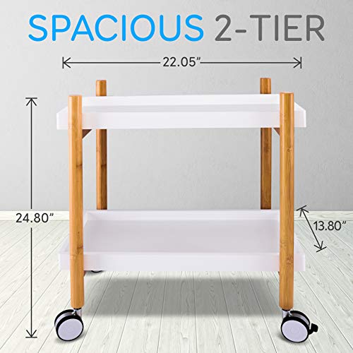 SereneLife Bar Carts for The Home, 2 Tier Bamboo Bar Cart with Wheels and Removable Trays for Serving Food, Wine, Coffee