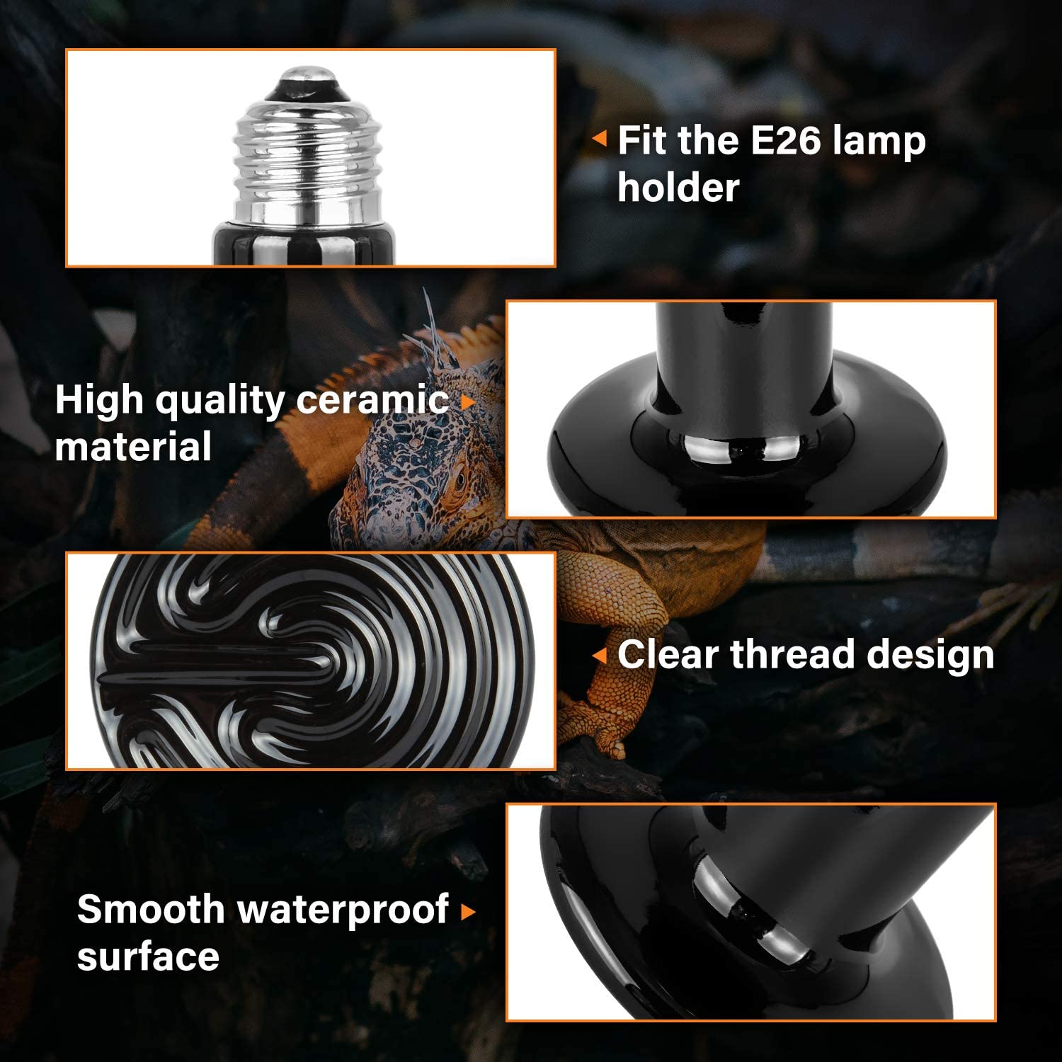 Simple Deluxe 25W/40W/50W/60W/100W/150W Ceramic Heat Emitter Reptile Heat Lamp Bulb No Light Emitting Brooder Coop Heater for Amphibian Pet & Incubating Chicken, Black/2-Pack, 50W