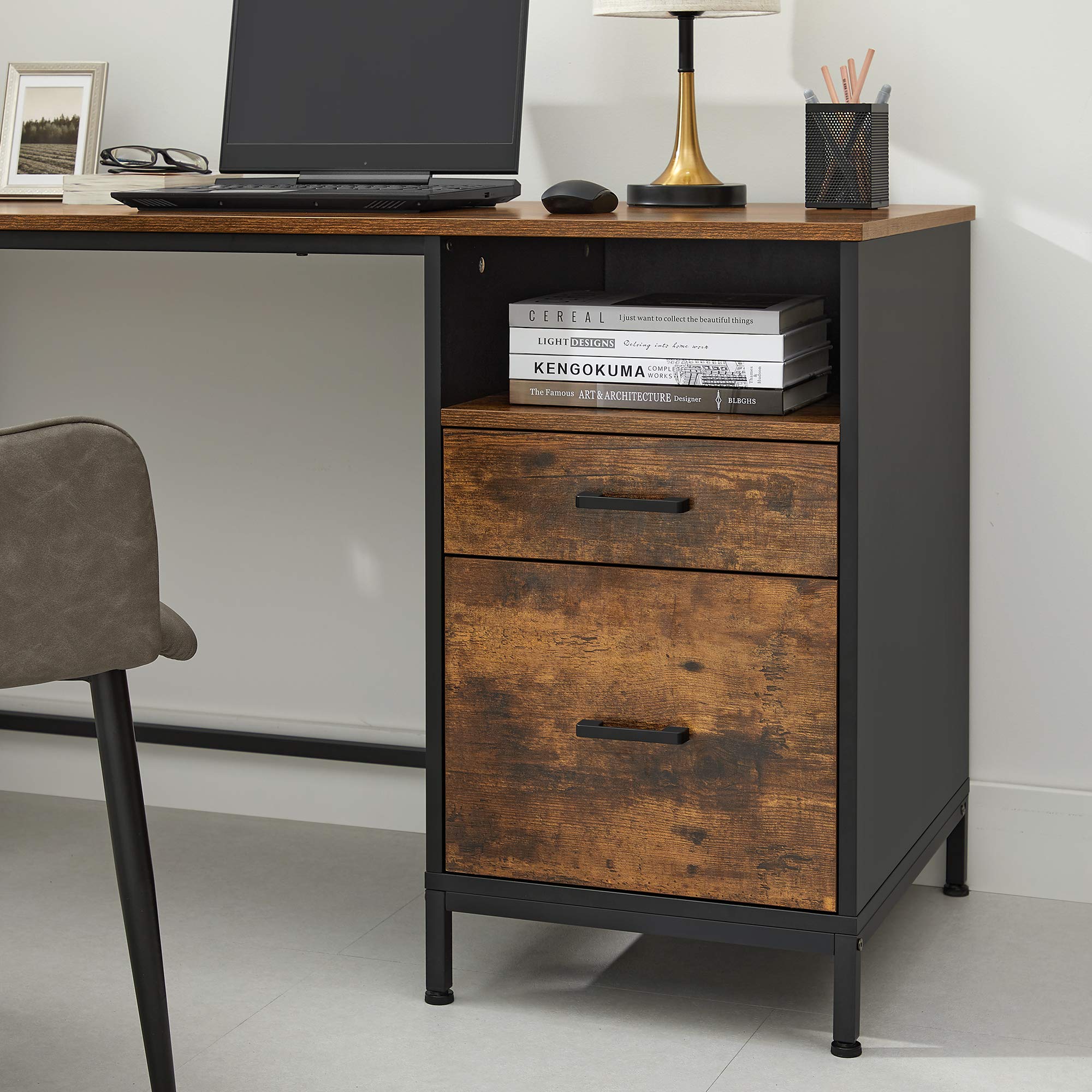 VASAGLE Computer Desk with Drawers, Writing Study Desk with File Cabinet, PC Desk for Home Office, Industrial Style, Rustic Brown and Black ULWD052B01