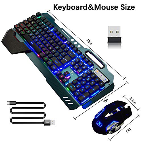 Wireless Gaming Keyboard Mouse & Mouse Pad Combo,3 in 1 Rainbow Backlit Rechargeable Keyboard with 3800mAh Battery Metal Panel Removable Hand Rest,RGB Gaming Mouse Pad(32.5x12 inch),Mute Gaming Mice