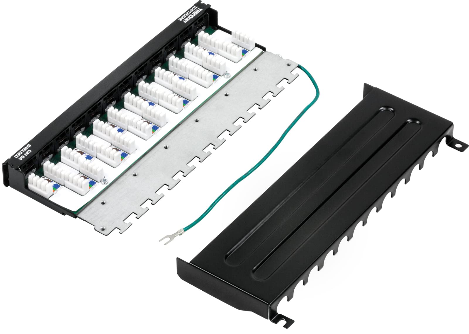 TRENDnet 12-Port Cat6A Shielded Patch Panel, 10G Ready, Cat5e,Cat6,Cat6A Compatible, Metal Housing, Color-Coded Labeling for T568A and T568B Wiring,Cable Management,Wall Mountable, Black,TC-P12C6AS