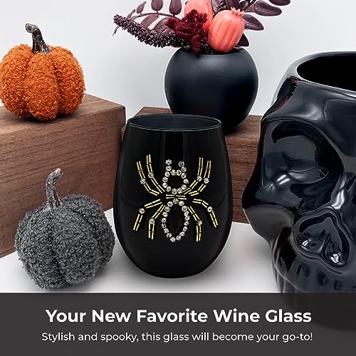 TMD Retail Black Spider Stemless Wine Glass - 22 oz - Spooky Halloween Decor Black Glass with Beaded Spider Applique Design