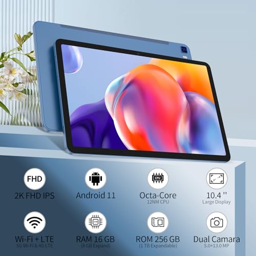 VASOUN Android 11 Tablet 10.4 inch, 16GB(8GB+8GB Expand)+256GB Tablet, 4G LTE Dual SIMS, 2.0GHz Octa-Core Gaming Tablet, 2K IPS Screen,8000Mah, 2.4G/5G WiFi, Bluetooth5.0 with Tablet PU Leather case