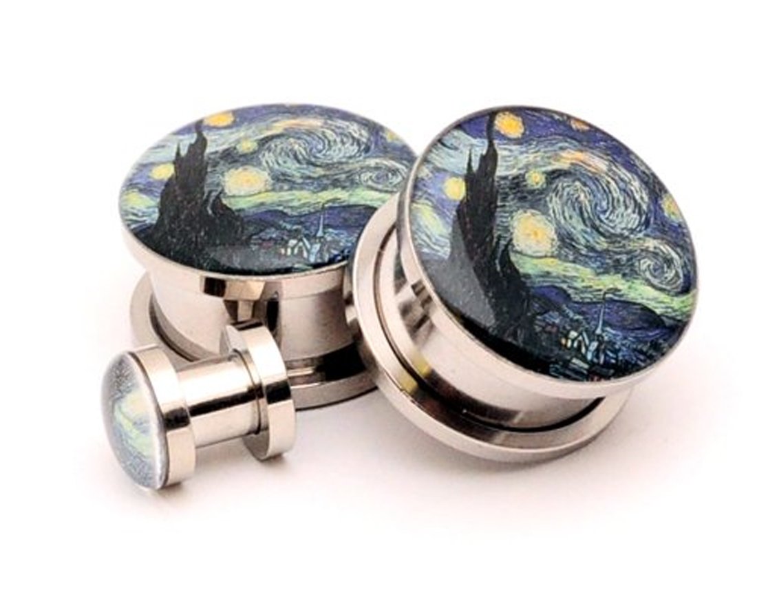 Screw on Plugs - Starry Night Picture Plugs - 2g - 6mm - Sold As a Pair