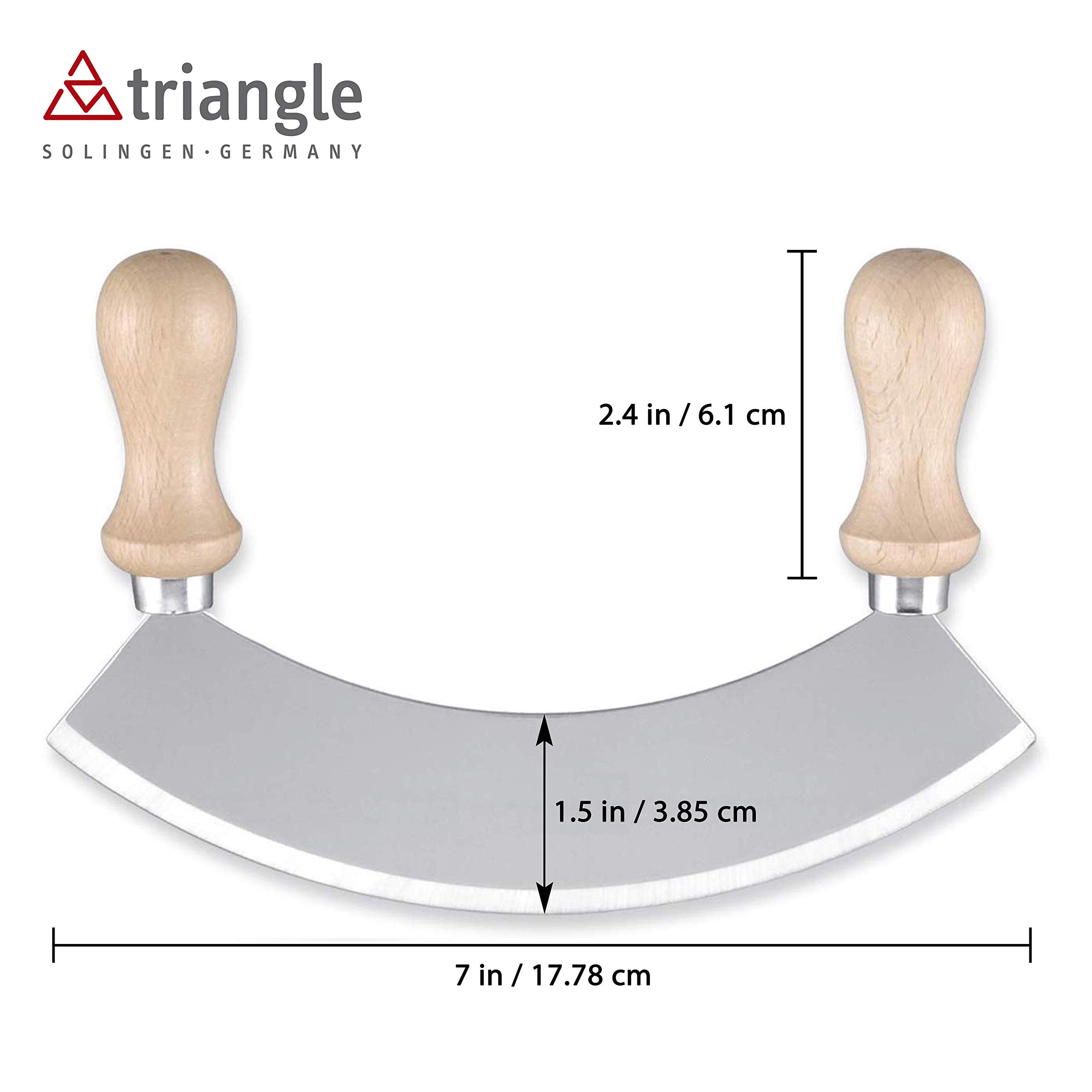 Triangle Germany Mezzaluna Knife, 7 inch Rust-Free Stainless Steel Curved Blade, Professional-Grade Design with Ergonomic Beechwood Handle for Efficient Chopping and Mincing