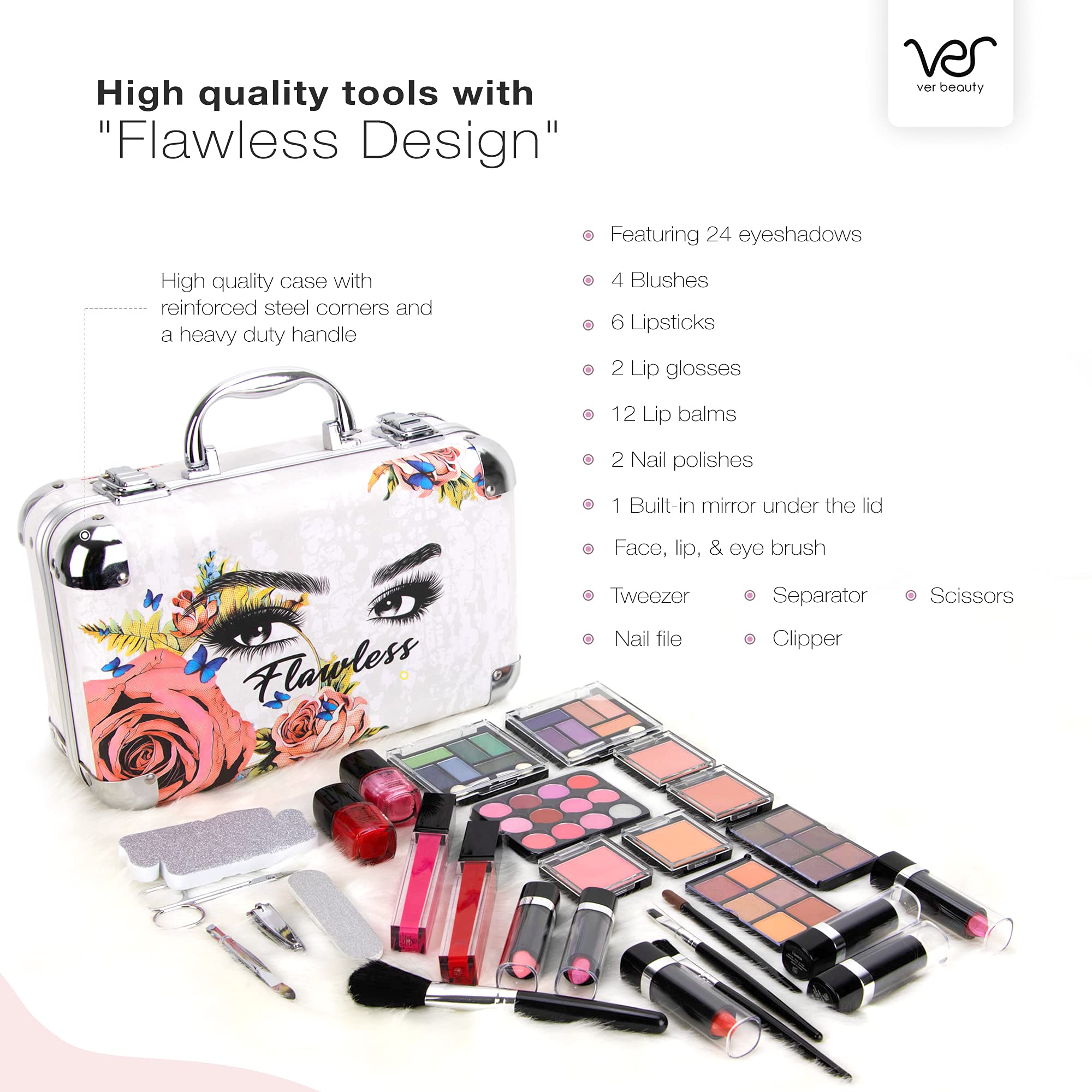 Ver Beauty Makeup Box with Makeup Included β Makeup Train Case with Travel Makeup Mirror β Professional Makeup Case Organizer with 2 trays β Perfect Cosmetic Organizer and Makeup Gift Set for Women